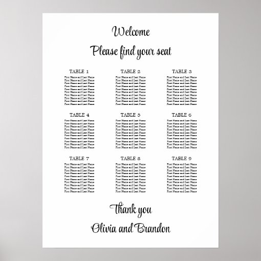 Stylish 9 Table Wedding Seating Chart Poster | Zazzle
