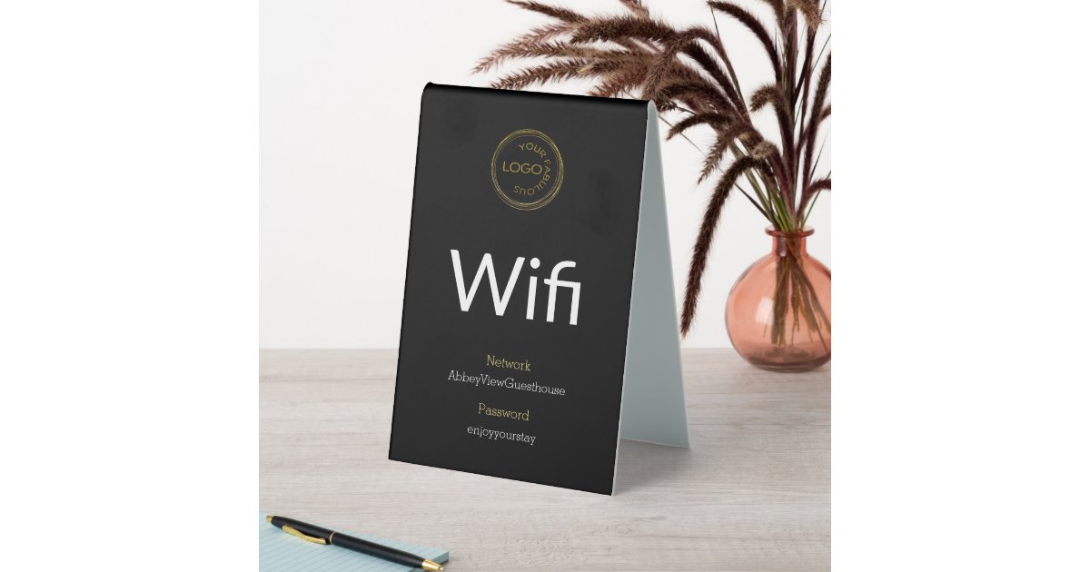 Stylish Add Your Logo Wifi Details on Black Table Tent Sign | Zazzle