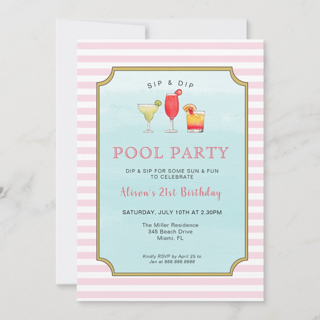 Stylish Adult Cocktail Summer Birthday Pool Party Invitation | Zazzle