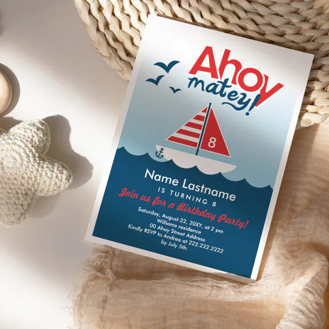 Stylish Ahoy Matey Nautical Boy Birthday Party Invitation | Zazzle