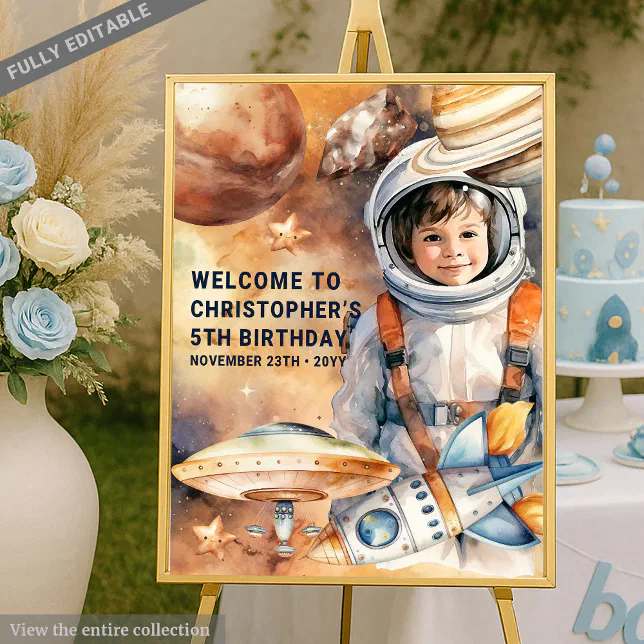 Stylish Astronaut Galaxy Boy Birthday Welcome Sign | Zazzle