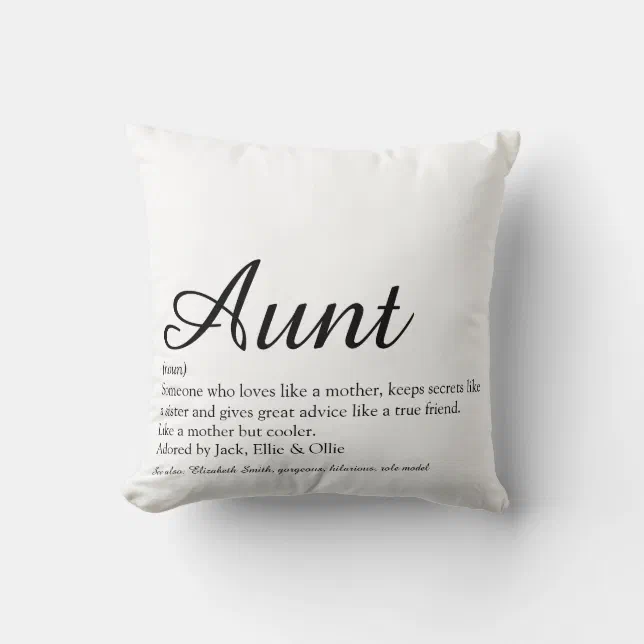 Stylish Aunt Definition Black and White Script Throw Pillow | Zazzle