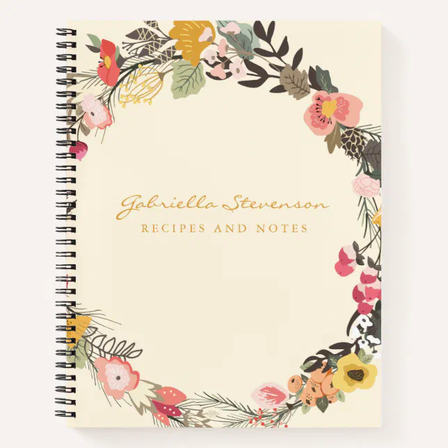 Stylish Autumn Floral Wreath with Name Recipe Notebook | Zazzle