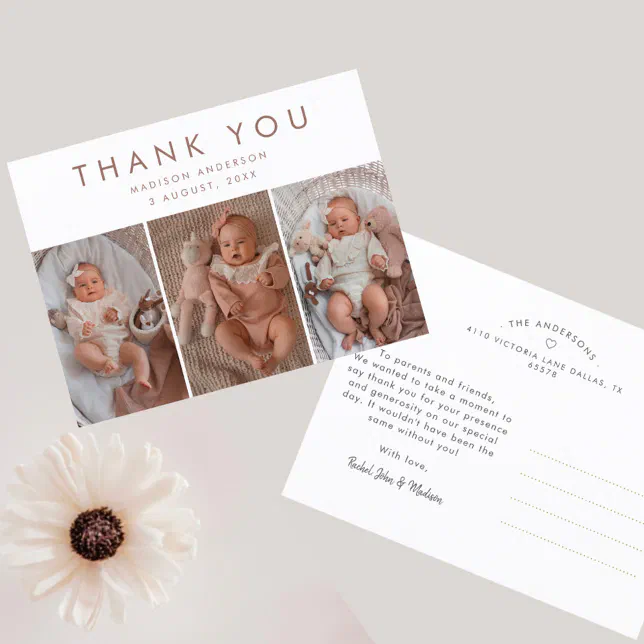 Stylish Baby Shower 3 Photos Thank You Postcard | Zazzle