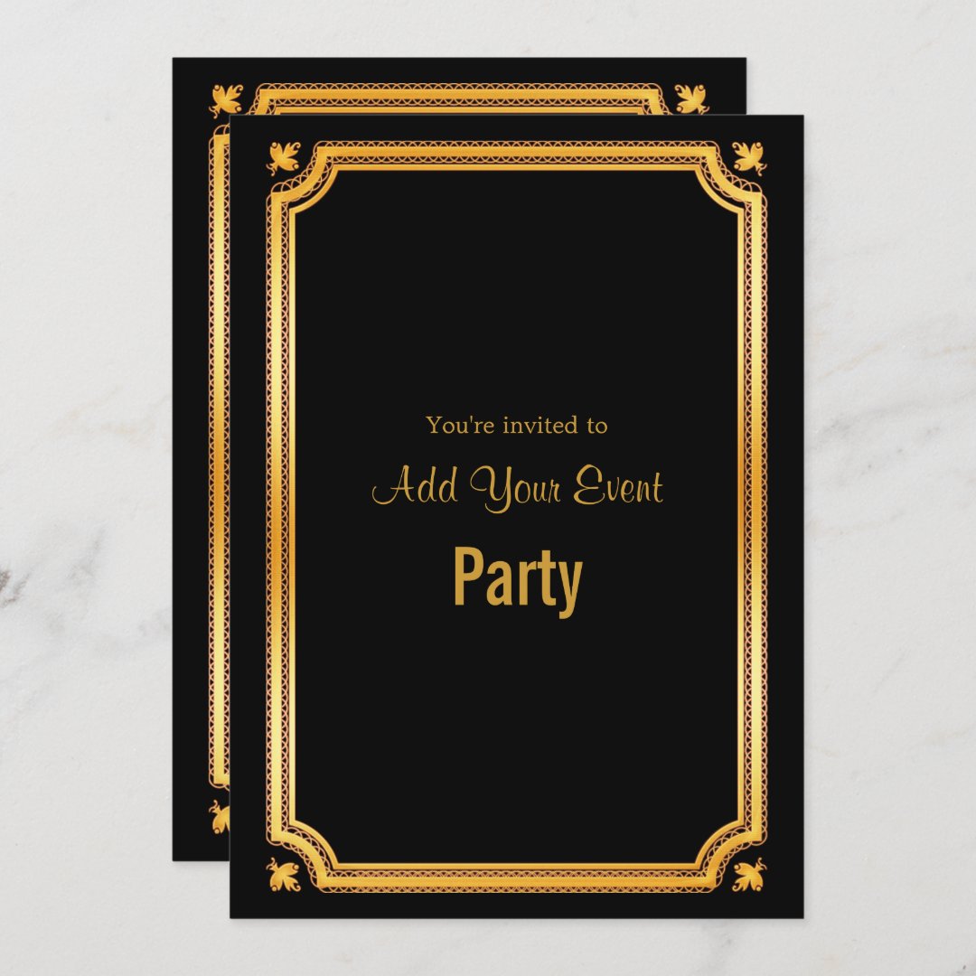 Stylish Black and Gold Frame Invitation | Zazzle