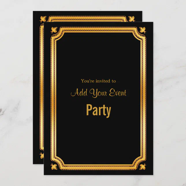 Stylish Black and Gold Frame Invitation | Zazzle