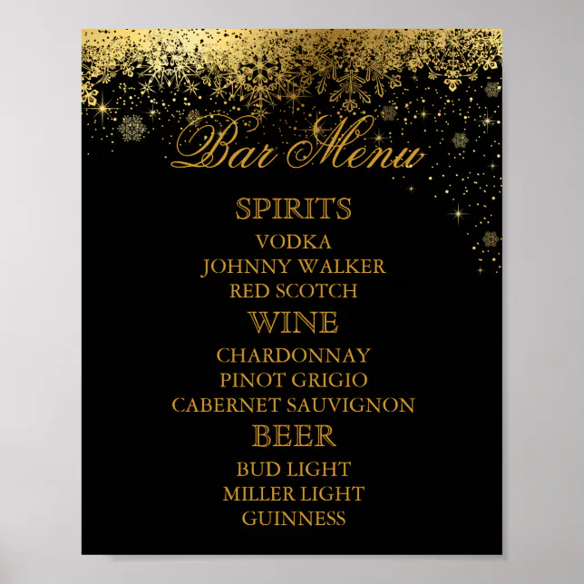 Stylish Black and Gold Snowflakes - Bar Menu Poster | Zazzle
