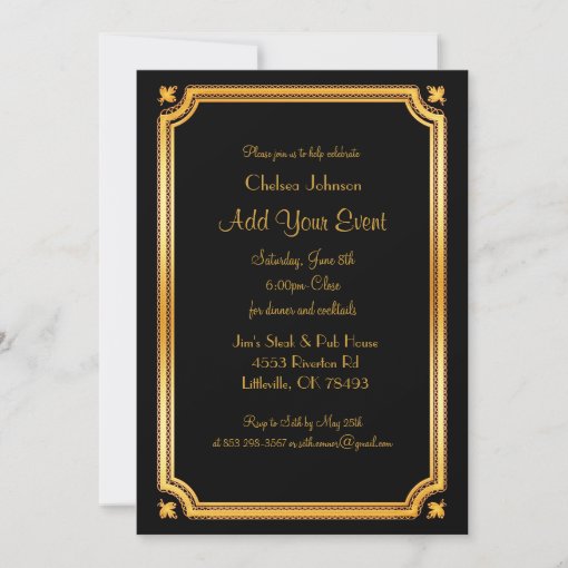Stylish Black and Golden Frame Invitation | Zazzle