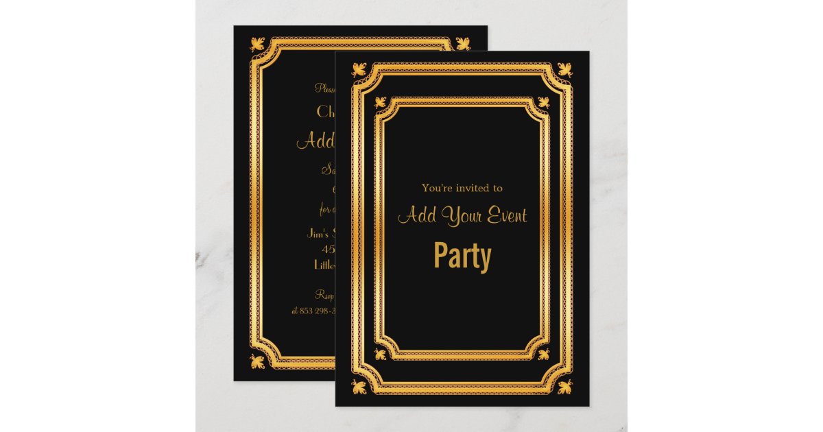 Stylish Black and Golden Frame Invitation | Zazzle