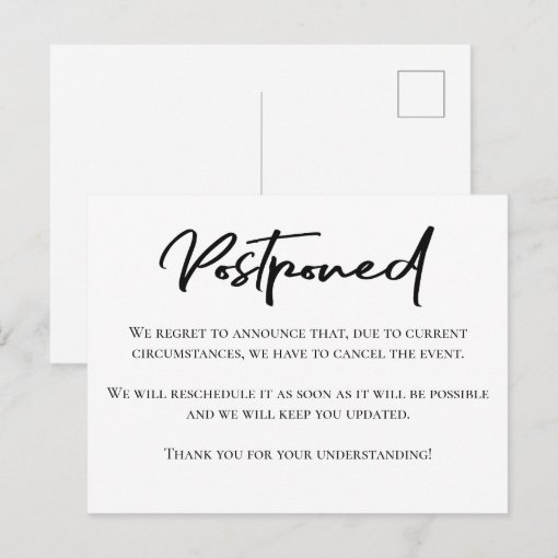 Stylish black and white postponement announcement postcard | Zazzle