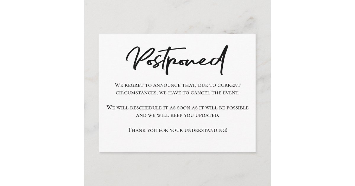Stylish black and white postponement announcement postcard | Zazzle