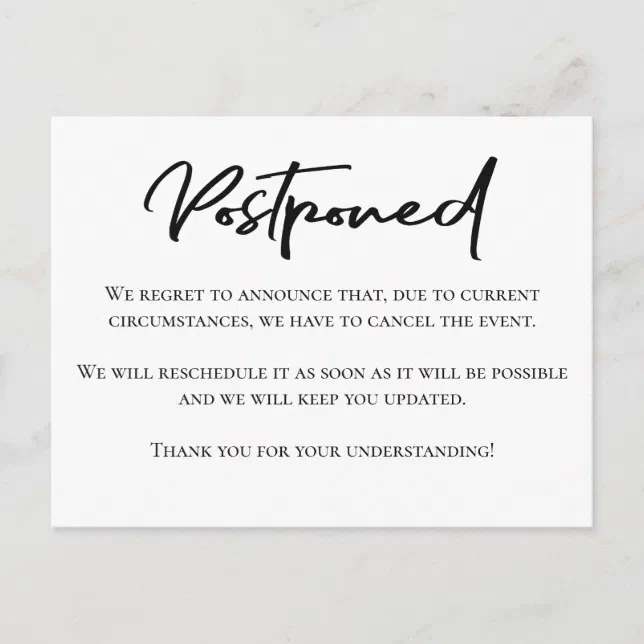 Stylish black and white postponement announcement postcard | Zazzle