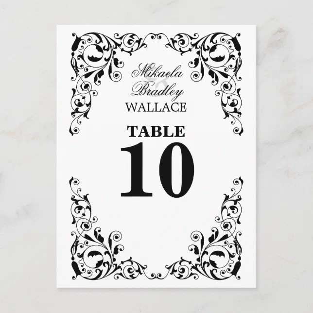 Stylish Black and White Swirls Table Number Card | Zazzle