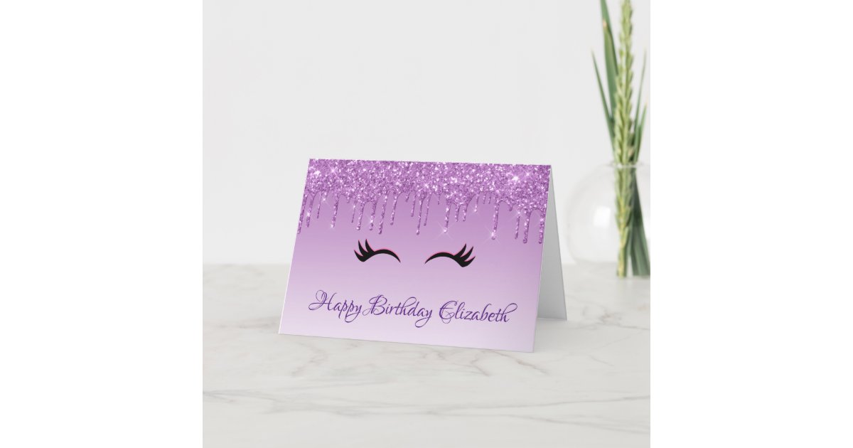 Stylish Black Eyelashes & Purple Glitter Birthday Card | Zazzle