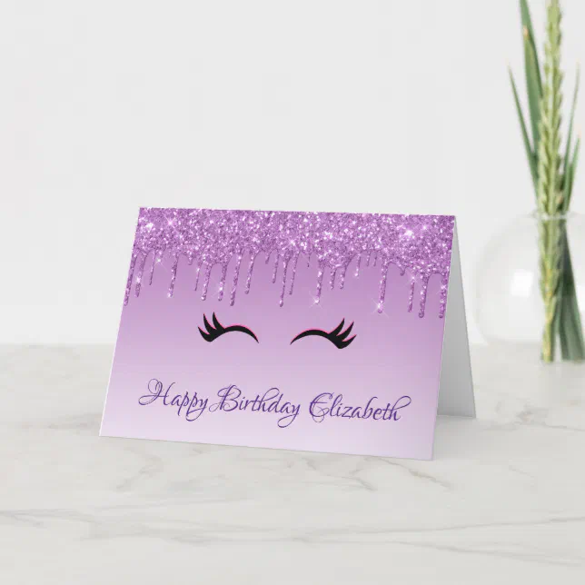 Stylish Black Eyelashes & Purple Glitter Birthday Card | Zazzle