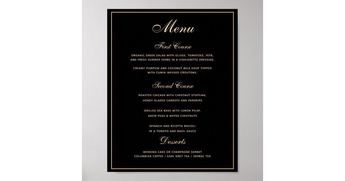 Stylish Black Gold 3 course Wedding Menu Poster | Zazzle
