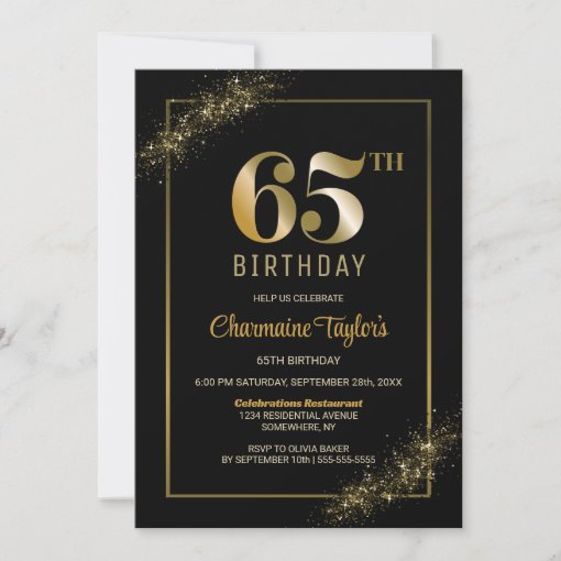 Stylish Black Gold 65th Birthday Party Invitation | Zazzle