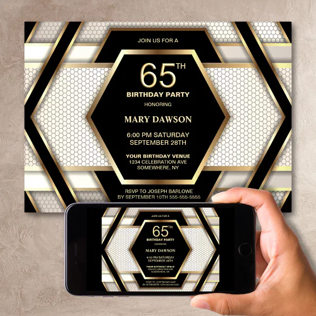 Stylish Black Gold 65th Birthday Party Invitation | Zazzle
