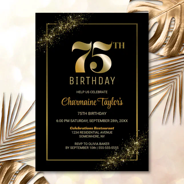 Stylish Black Gold 75th Birthday Party Invitation | Zazzle
