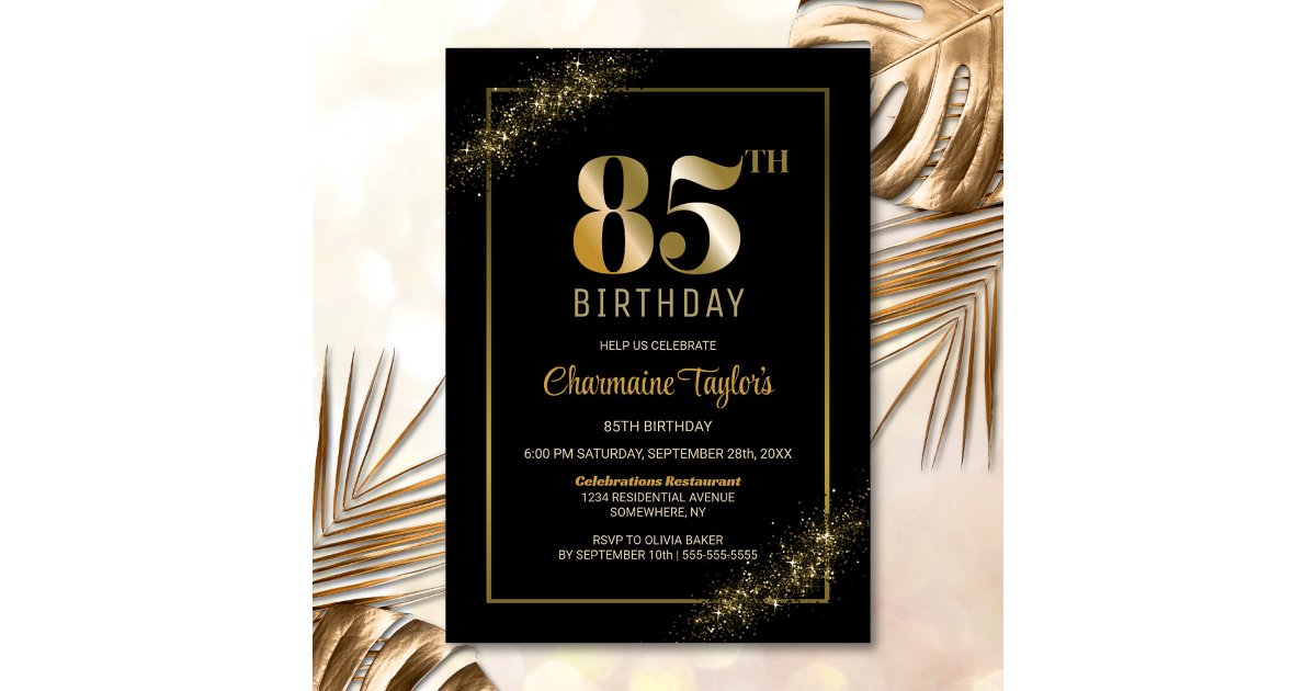 Stylish Black Gold 85th Birthday Party Invitation | Zazzle