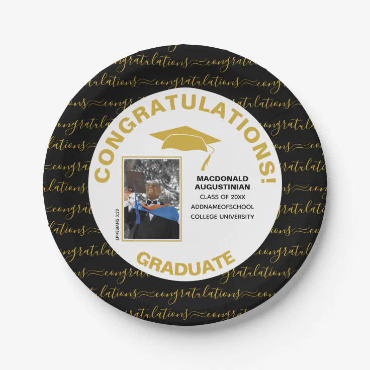 Stylish Black Gold Graduate Photo Paper Plates | Zazzle