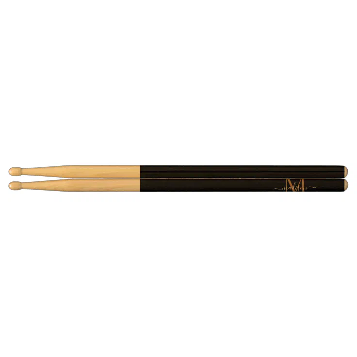 Stylish Black Gold Monogram Elegant Script Name Drum Sticks | Zazzle