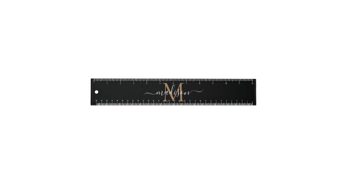 Stylish Black Gold Monogram Elegant Script Name Ruler | Zazzle
