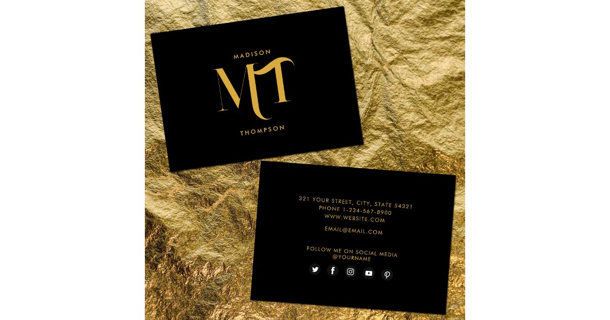 Stylish Black & Gold Monogram Social Media Icons Business Card | Zazzle