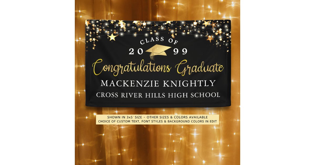 Stylish Black Gold Script Congrats Grad Stars Banner | Zazzle