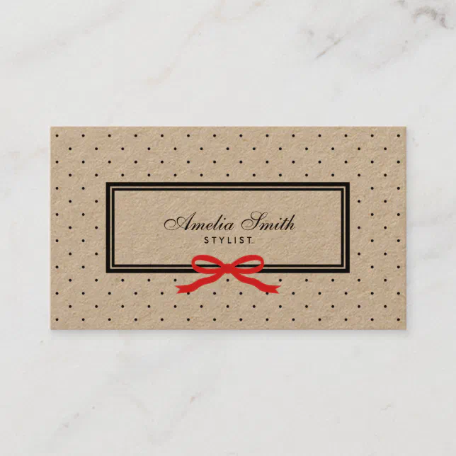 Stylish Black Polka Dot and Red Ribbon Kraft Business Card | Zazzle