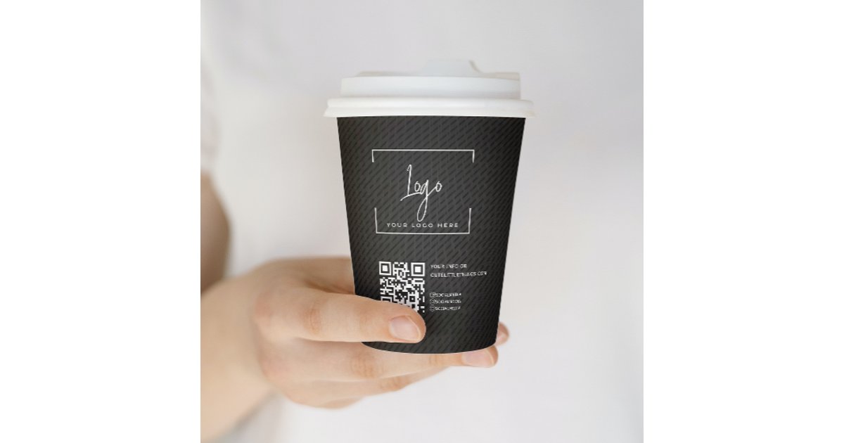 Stylish Black QR code Business Logo Minimal Paper Cups | Zazzle