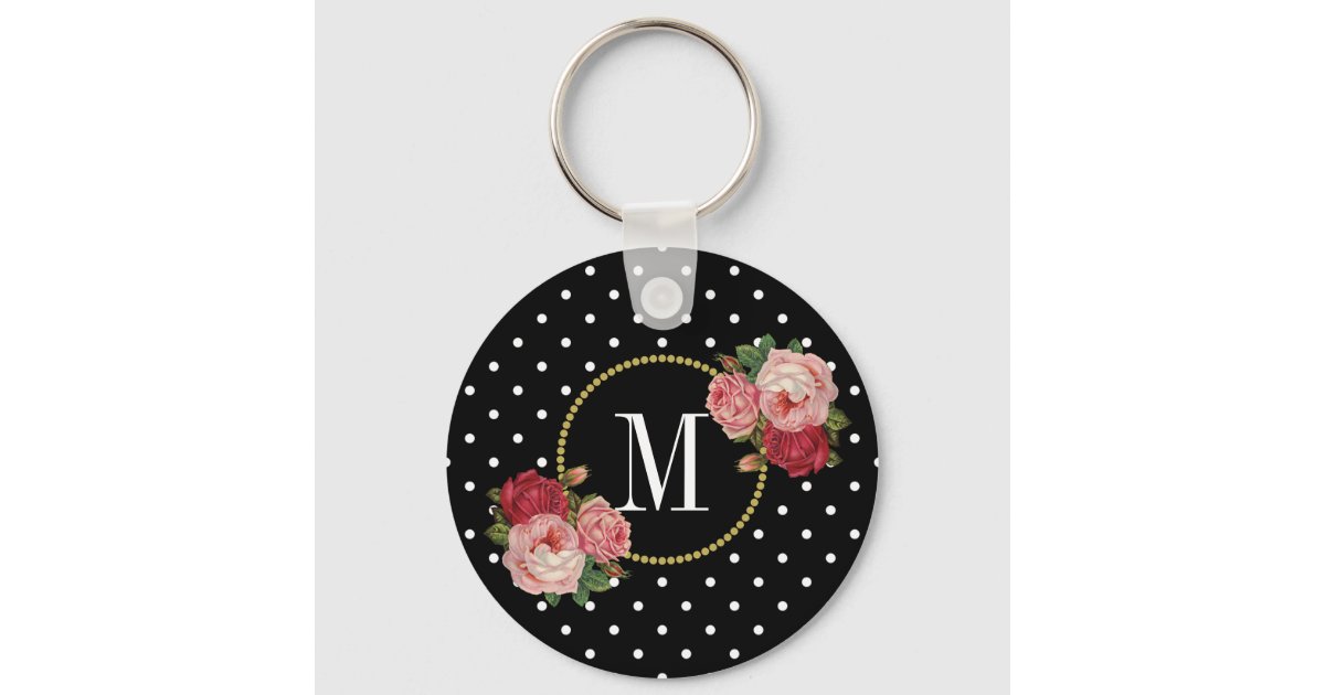 Stylish Black Vintage Floral Polka Dots Monogram Keychain | Zazzle