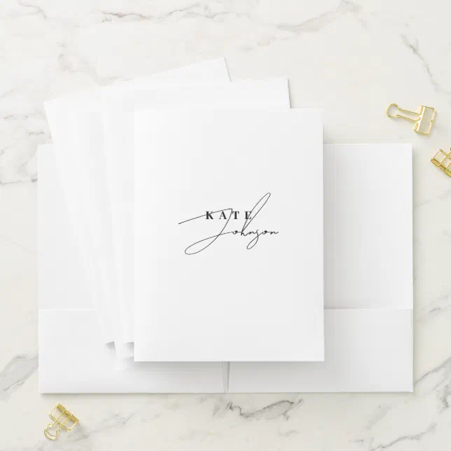 Stylish Black White Signature Script Monogram Pocket Folder | Zazzle