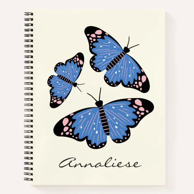Stylish Blue Butterfly Illustration Custom Name Notebook | Zazzle