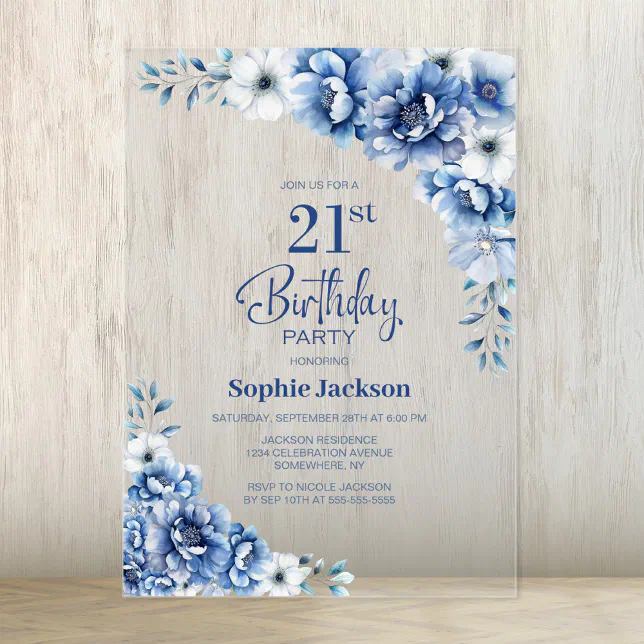 Stylish Blue Floral 21st Birthday Party Acrylic Invitations | Zazzle
