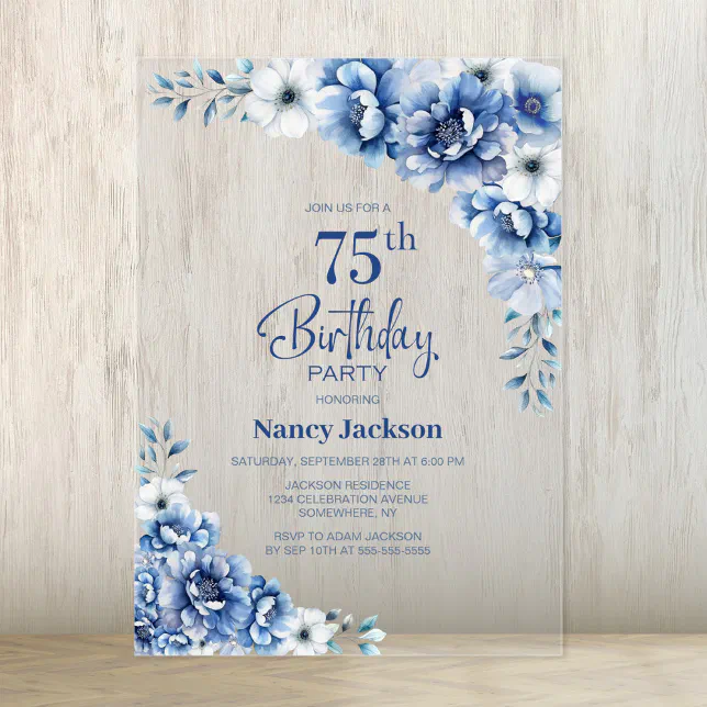 Stylish Blue Floral 75th Birthday Party Acrylic Invitations | Zazzle