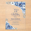 Stylish Blue Floral 75th Birthday Party Acrylic Invitations | Zazzle