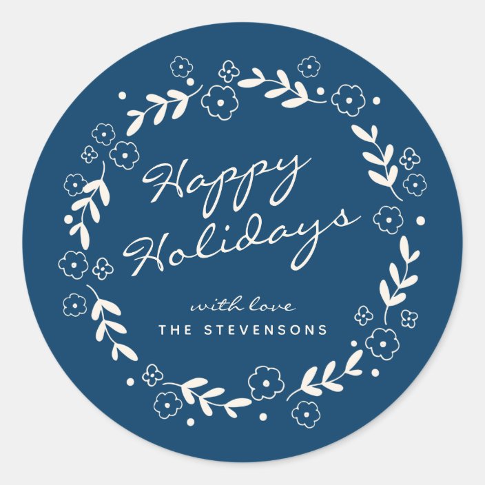 Stylish Blue Happy Holidays Floral Simple Custom Classic Round Sticker ...