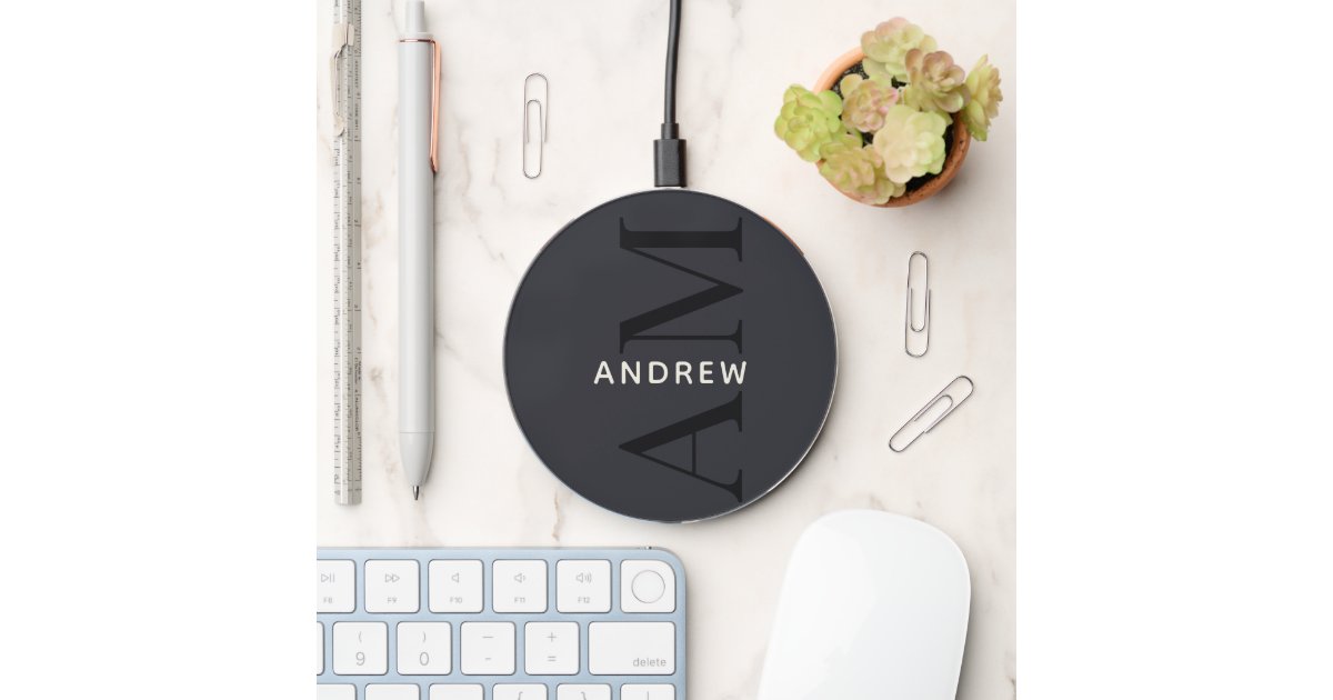 Stylish Blue Monogram and Name Wireless Charger | Zazzle