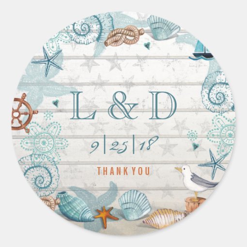 Stylish Blue Nautical Beach Wedding Classic Round Sticker | Zazzle