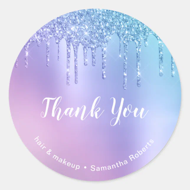 Stylish blue & purple glitter drips hair & makeup classic round sticker ...