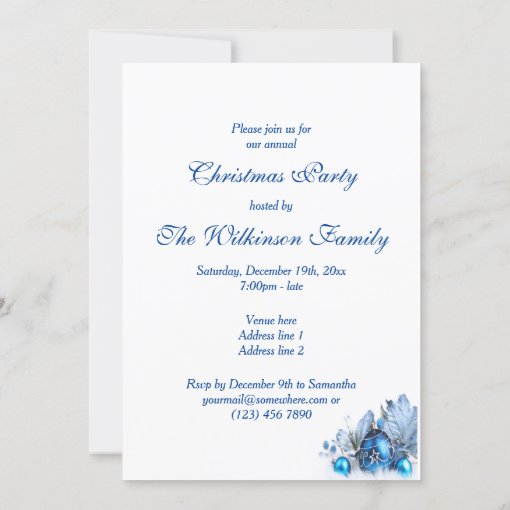 Stylish Blue & Silver Holiday Christmas Party Invitation | Zazzle