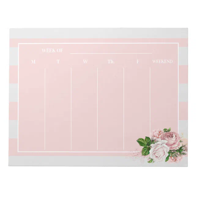 Stylish Blush Pink Floral Striped Weekly Plans Notepad | Zazzle