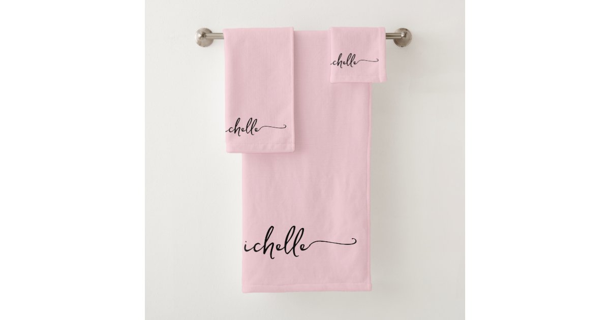 Stylish Blush Pink Monogram Name Script Signature Bath Towel Set | Zazzle