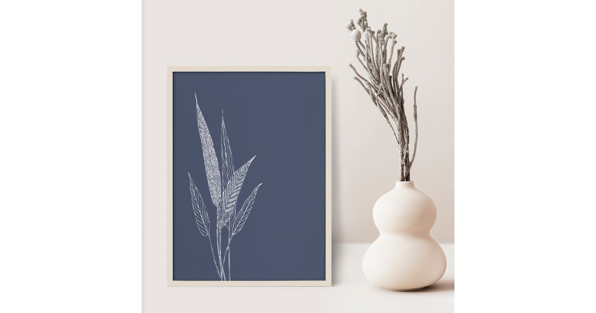 Stylish Botanical Leaves Minimalist Navy Blue Poster | Zazzle