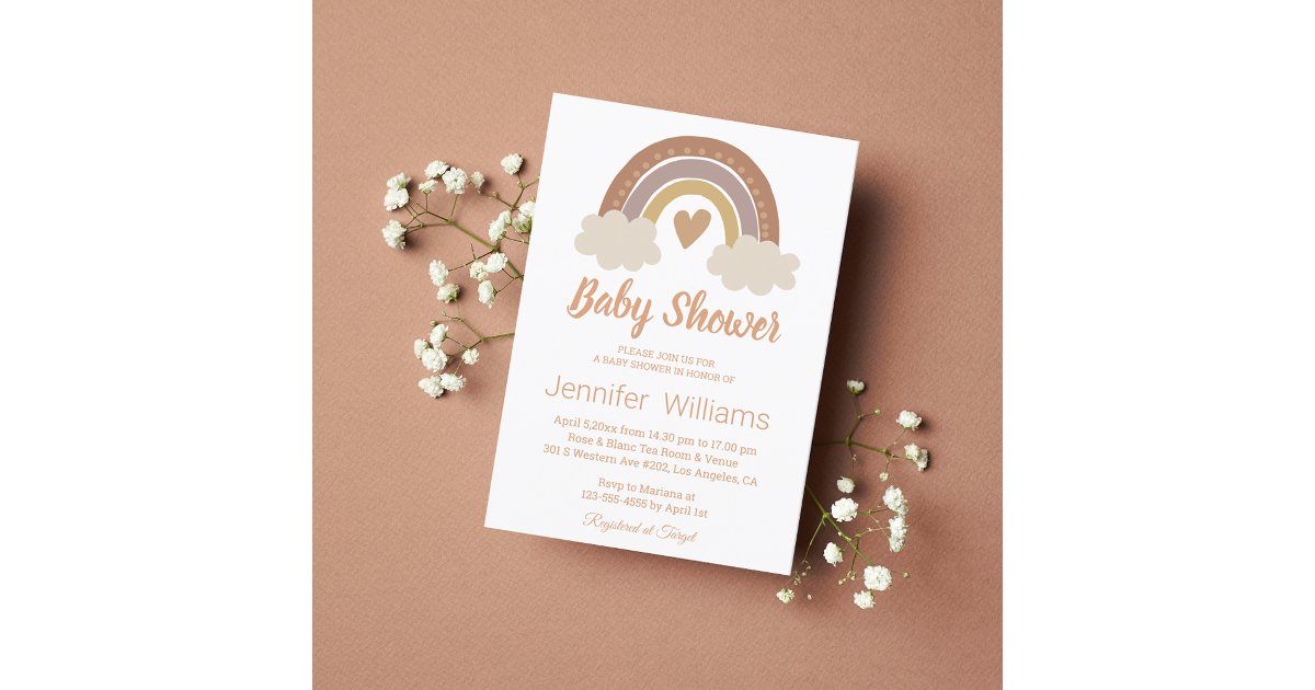 stylish brown cute rainbow heart baby shower invitation | Zazzle