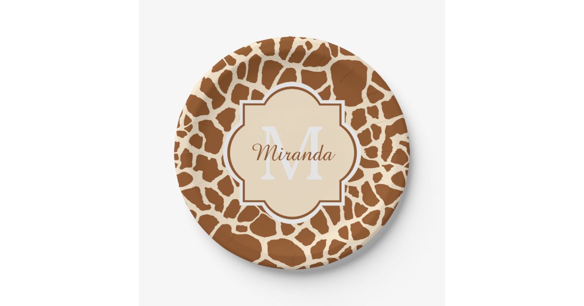 Stylish Brown Giraffe Print Monogram and Name Paper Plates | Zazzle