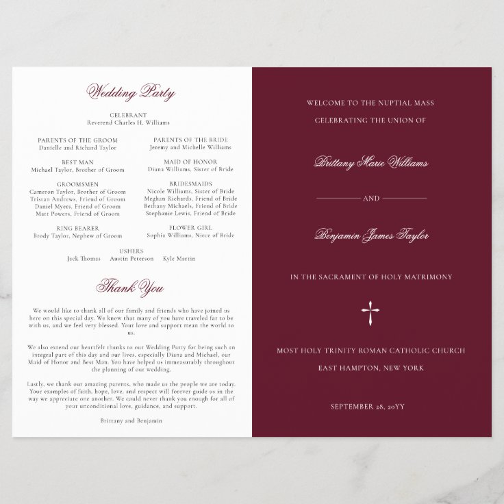 Stylish Burgundy Catholic Wedding Mass Program | Zazzle