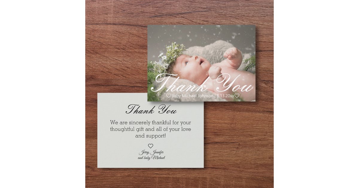 stylish calligraphy thank you newborn boy photo note card | Zazzle