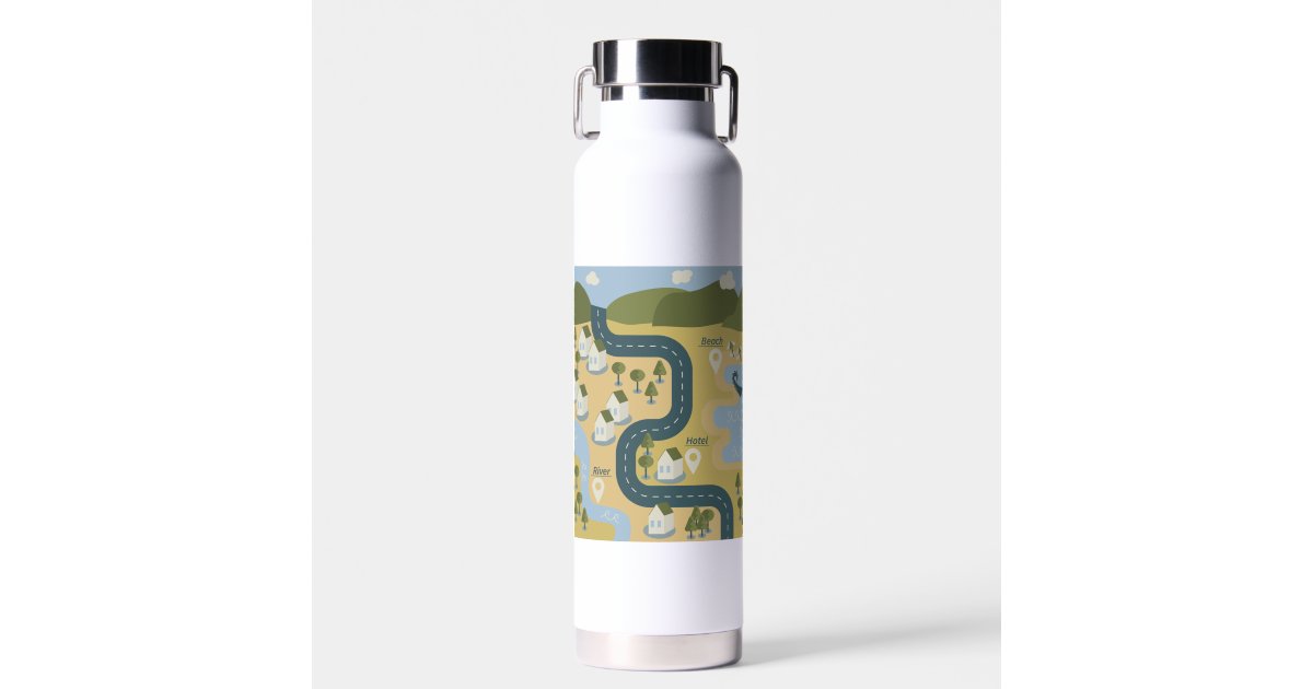 Stylish cartoon landscape vacation travel map water bottle | Zazzle